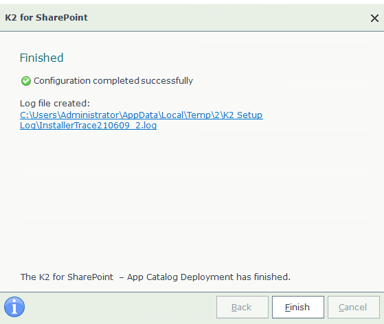 K2 for Sharepoint Installation: App Deployment - Finished Page